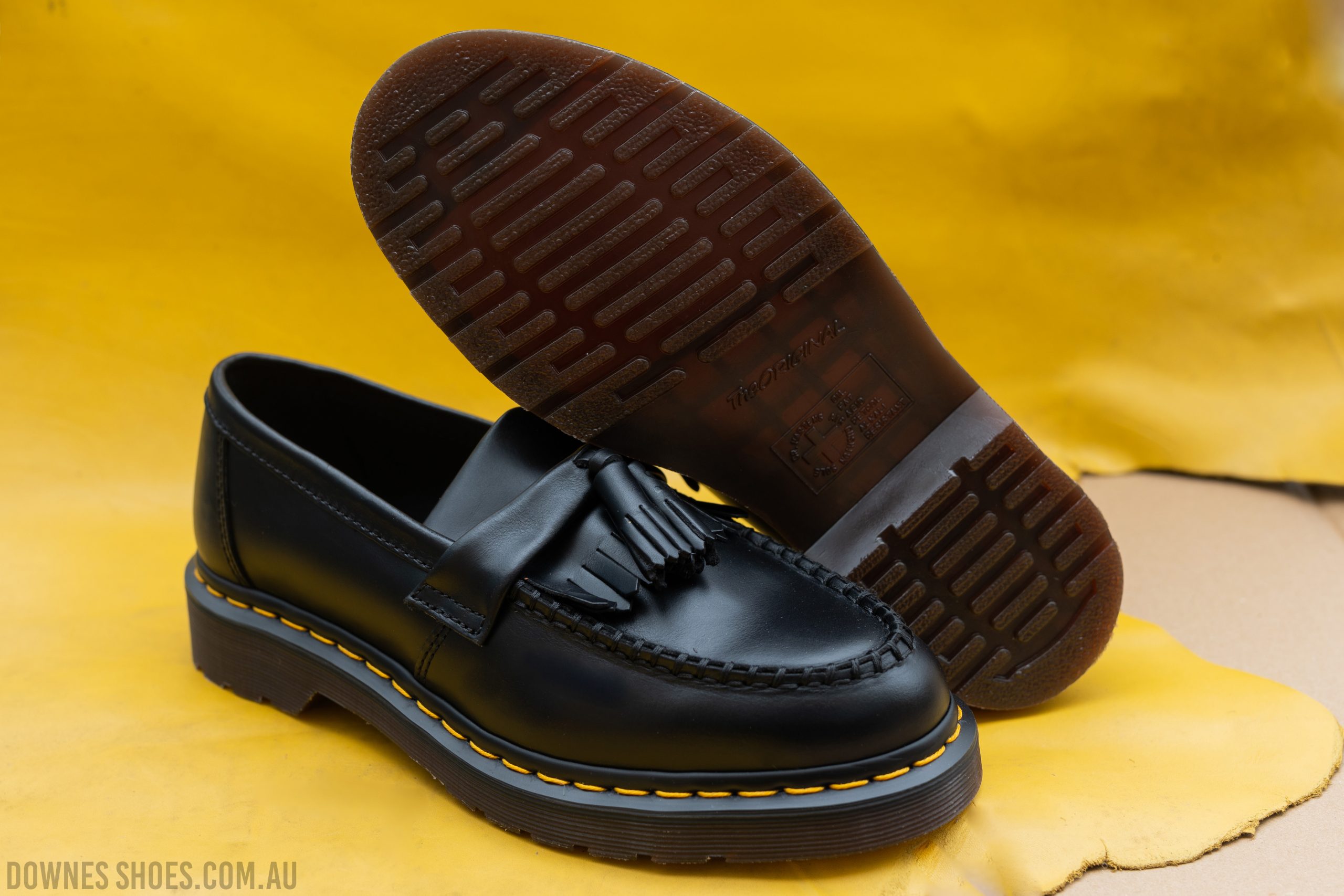 Adrian Tassel Loafer in Black Cambridge and Yellow Stitch — Downes