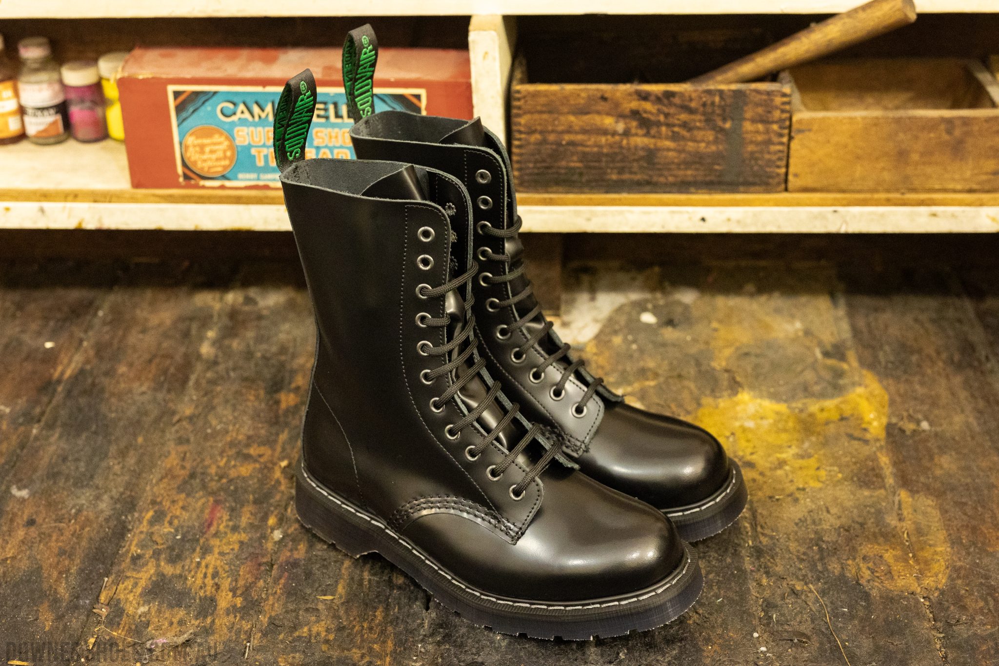 Solovair 11-Eye Derby Boot Black Hi-Shine — Downes