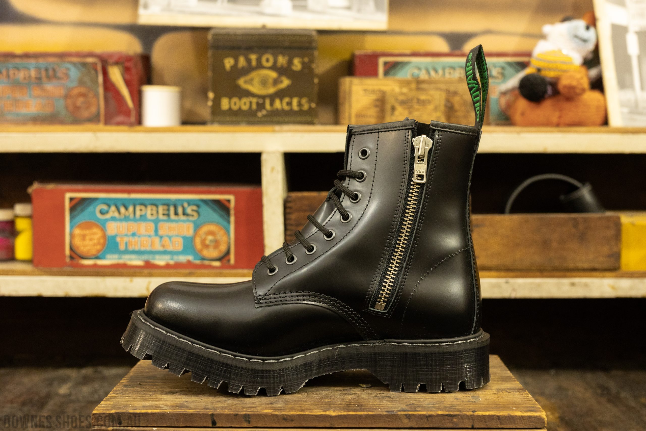 Solovair Platform Zip 8-Eye Derby Boot Black Hi-Shine — Downes